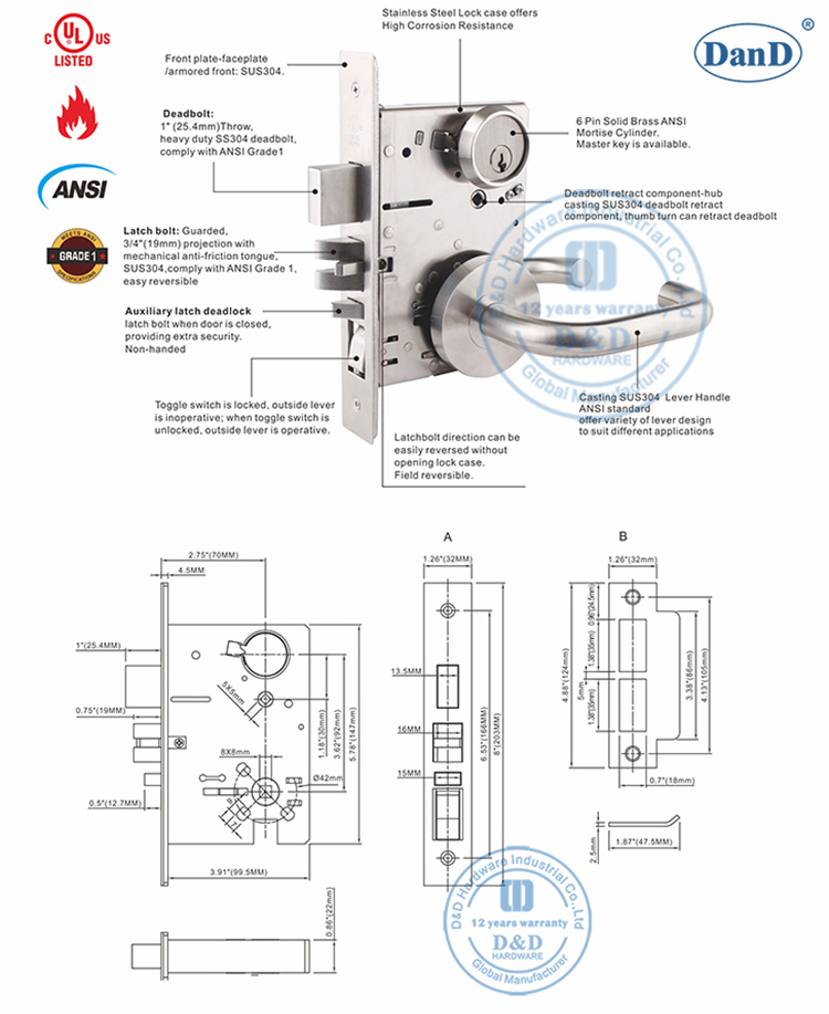 ANSI UL Listed SUS304 Mortice Deadlock with Thumbturn -DDAL17 - Buy ...