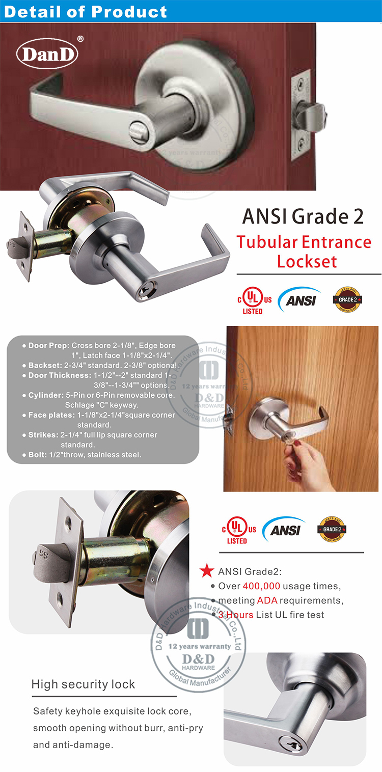 ANSI Grade 2 Zinc Alloy External Door Lever Tubular Lockset-DDLK011 ...